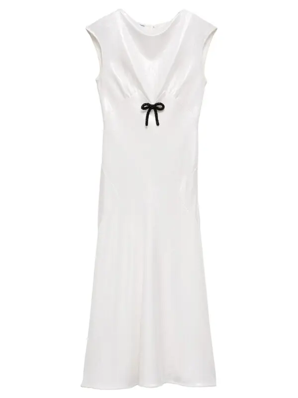 Prada Sequined Satin Jersey Dress With Rhinestone Bow Detail - White