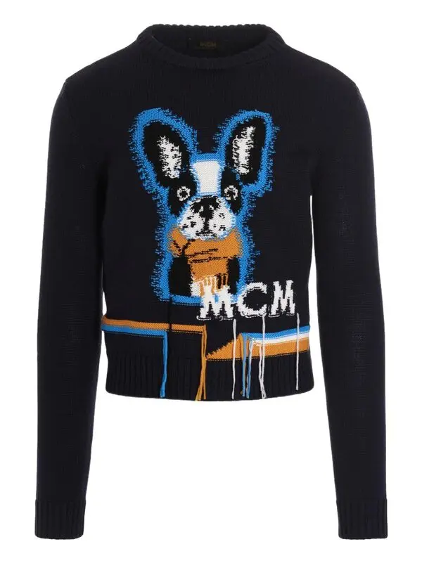 Mcm Round Neck Long Sleeve Sweater With Embroidered Logo - Black