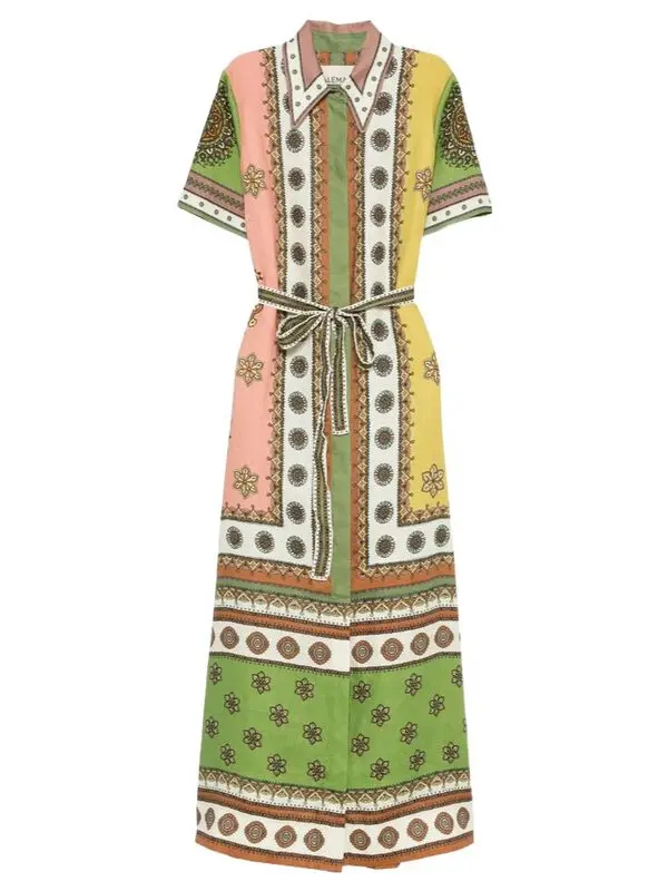 ALEMAIS Printed Maxi Dress With Pointed Collar And Short Sleeves - Green