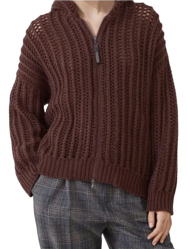 Brunello Cucinelli Openwork Ribbed Hooded Cardigan - Brown