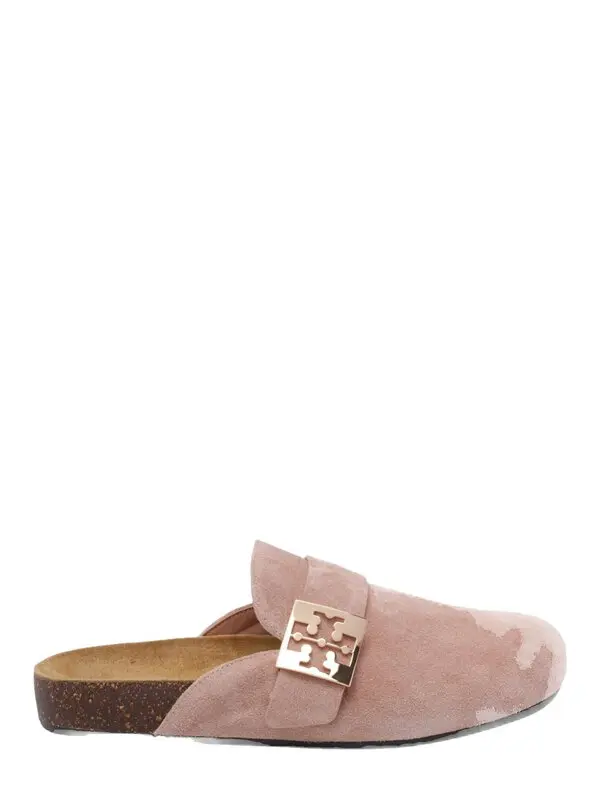 Tory Burch Mellow Suede Mules With Metal Logo - Nude