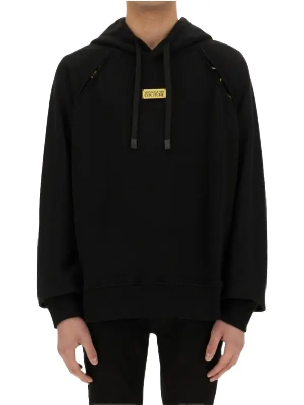 Versace Logo Plaque Drawstring Hoodie - Black