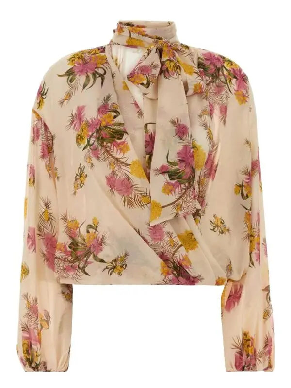 Blumarine Floral Printed Georgette Top With Tie Neck - Nude
