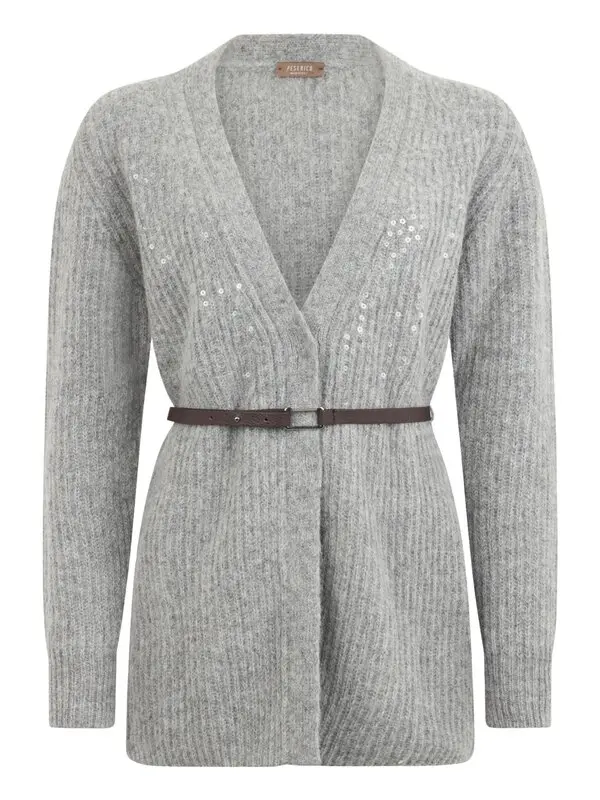 Peserico Embellished V-neck Belted Cardigan - Gray