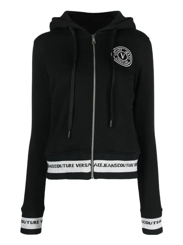 Versace Logo Embroidered Zip-up Hoodie - Black