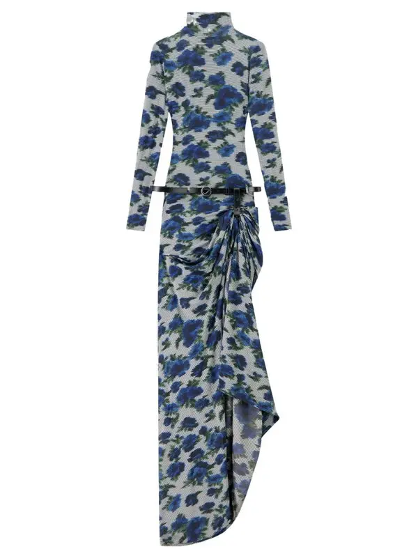 Coperni Long Sleeve Floral Print Asymmetrical Maxi Dress With Slit - Gray