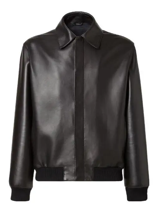 Fendi Leather Blouson Jacket With Embroidered Logo - Black