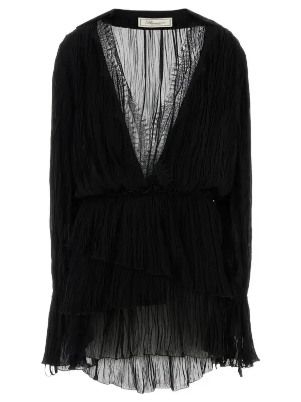 Blumarine Crinkled Tiered Mini Dress With Lace Trim - Black