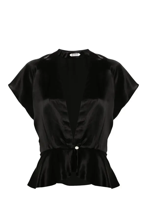BODE Short Sleeve Shirt With Ruffled Hem And Oversized Buttons - Black