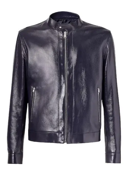 Fendi Zip-up Leather Biker Jacket With Ff Detail - Shiny Blue