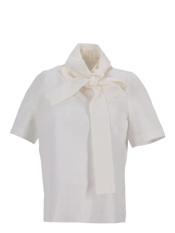 SHUSHU/TONG Tie-neck Short Sleeve Cotton Blouse - White
