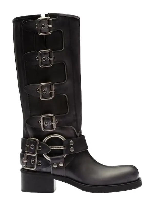 Miu Miu Buckled Knee-high Leather Boots - Black