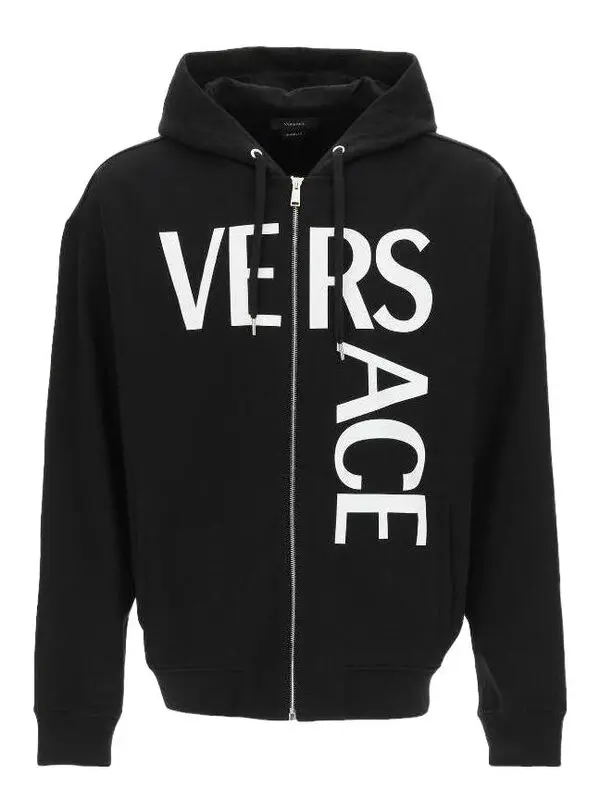 Versace Logo Printed Zip-up Hoodie - Black