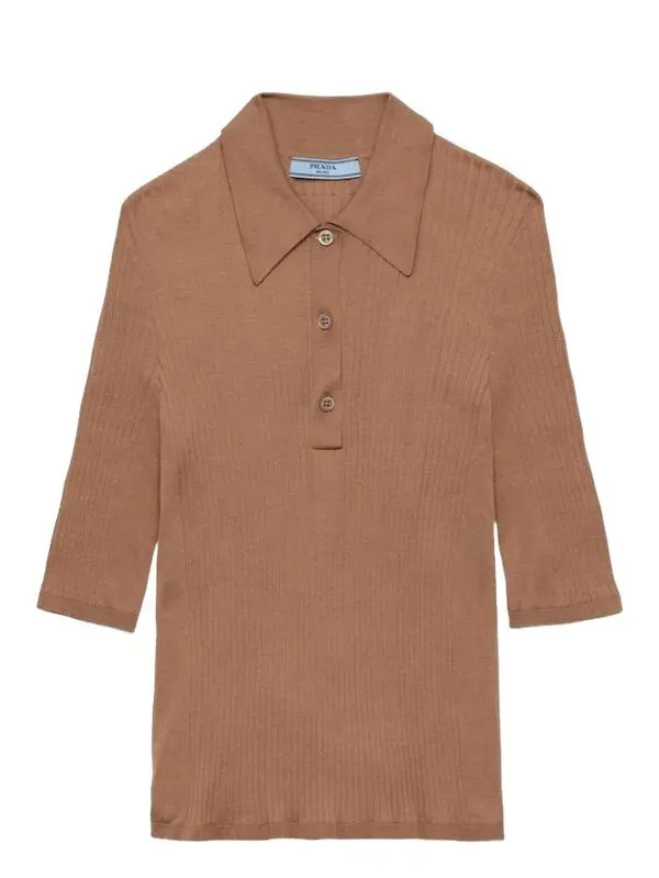 Prada Ribbed Knit Polo Shirt - Camel Brown