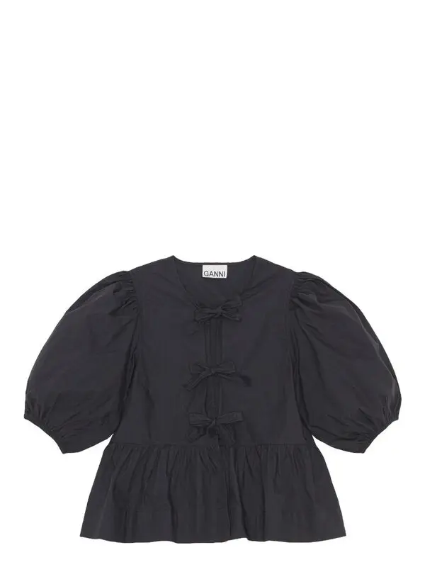 GANNI Peplum Blouse With Bubble Sleeves And Tie Detail - Black