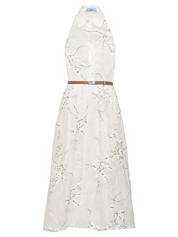 Prada Sleeveless Belted Midi Shirt Dress - White