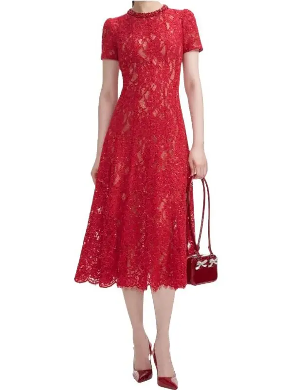 SELF-PORTRAIT Lace Midi Dress - Red