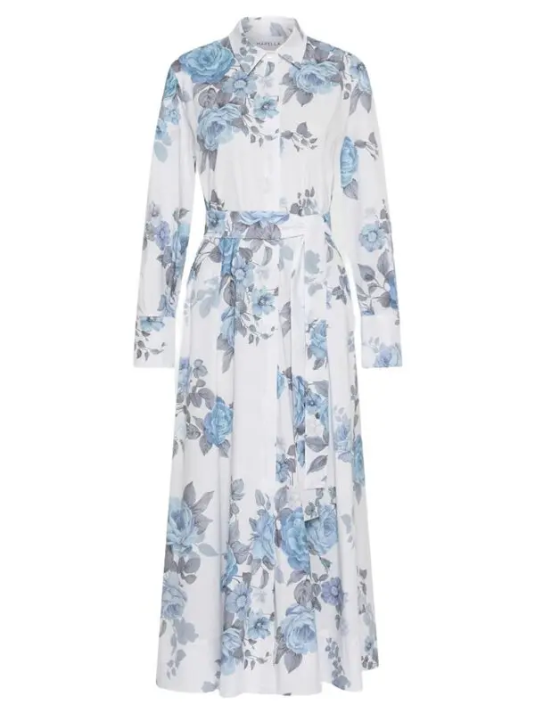 Marella Floral Print Cotton Poplin Shirt Dress - Light Blue