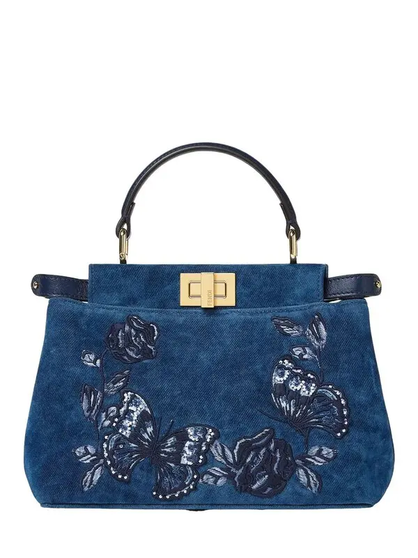 Fendi Mini Peekaboo Floral-embroidered Denim Tote Bag - Blue