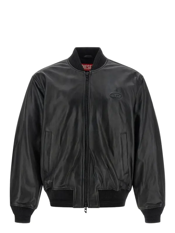 DIESEL® L-type Leather Bomber Jacket With Embossed Logo - Black