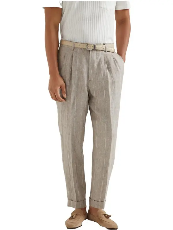 Brunello Cucinelli Striped Tailored Pleated Trousers - Nude