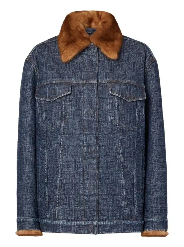 Fendi Quilted Ff Denim Jacket With Fur Trim - Blue