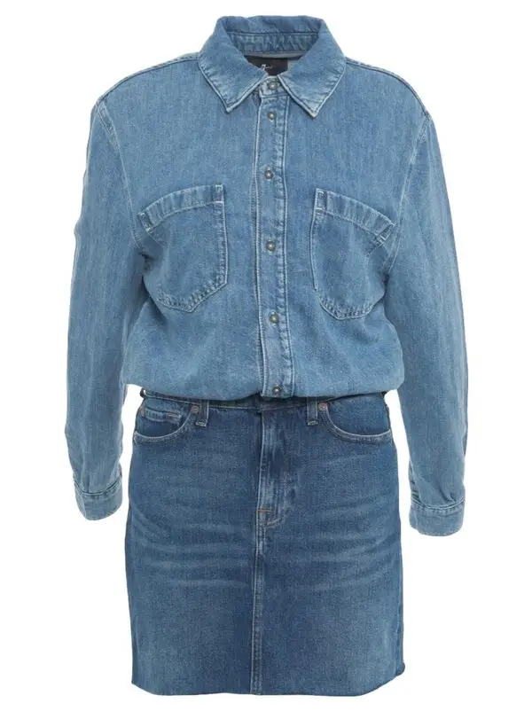 7 For All Mankind Denim Mini Shirt Dress With Fringed Hem - Blue