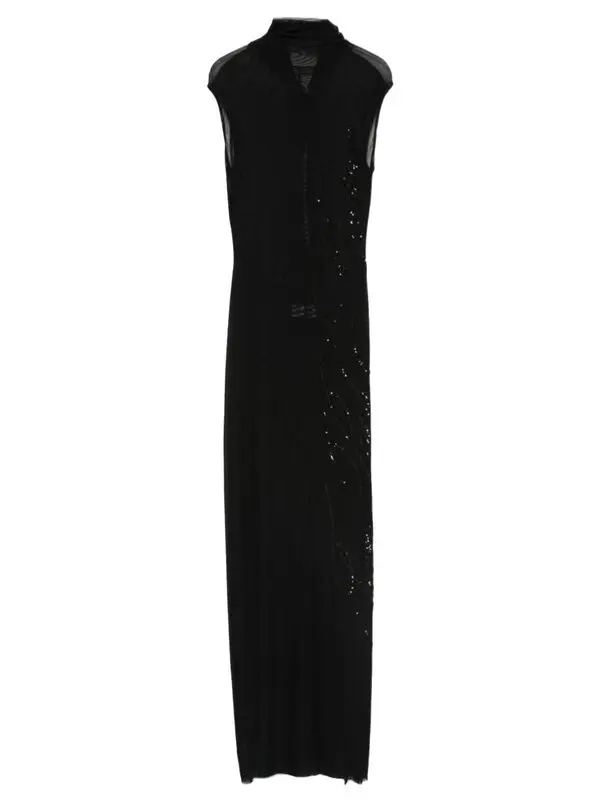 JEAN PAUL GAULTIER Sleeveless Sequined Tulle Maxi Dress With Back Embellishment - Black