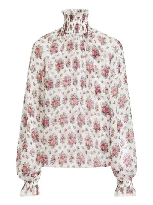 Dolce & Gabbana Shirred Floral Print Top With Lace Trim - White