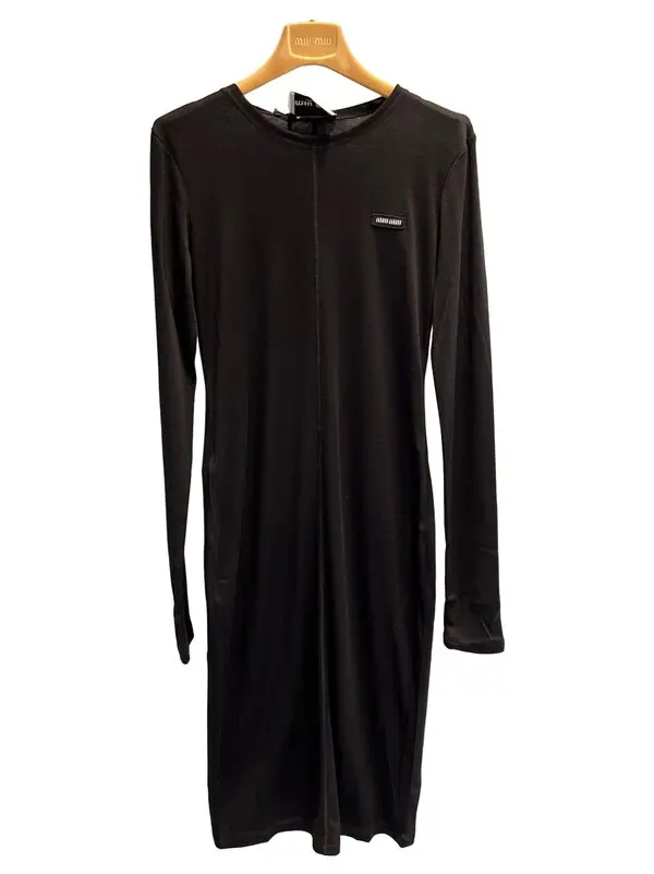 Miu Miu Long-sleeved Crewneck Dress With Logo Detail - Black