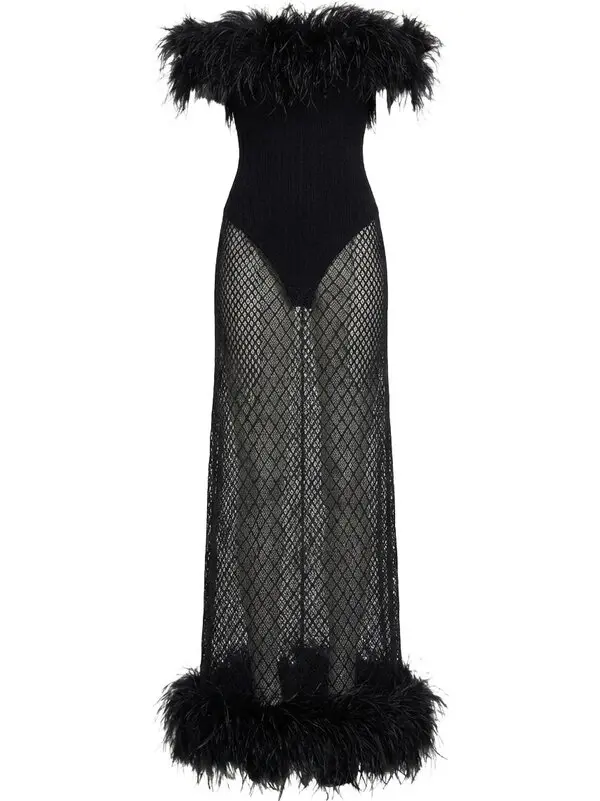 Gucci Feather-trimmed Long Dress - Black