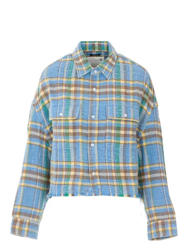 R13 Cropped Fringed Plaid Shirt - Blue