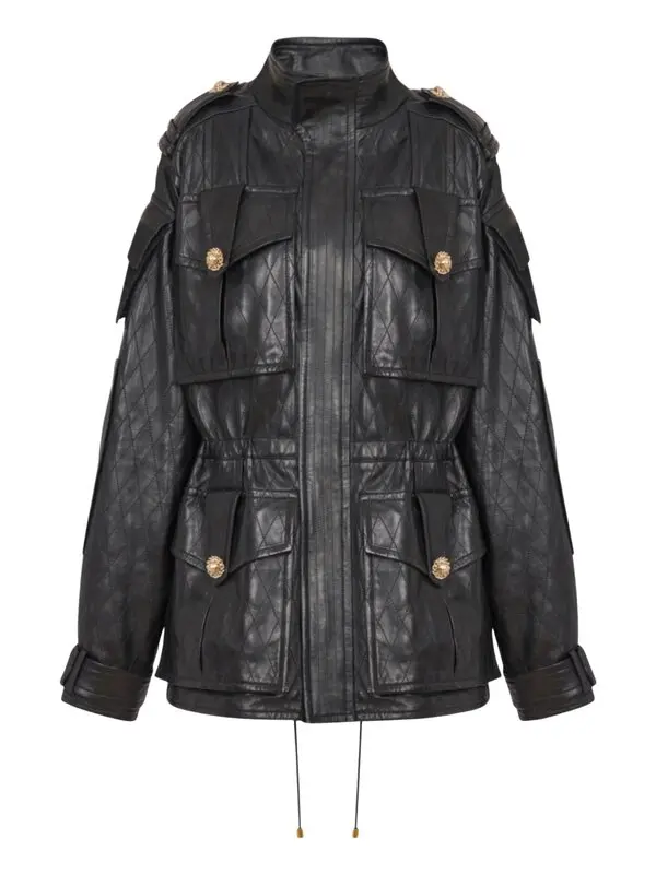 Balmain Lambskin Leather Parka With Topstitched Diamond Pattern - Black