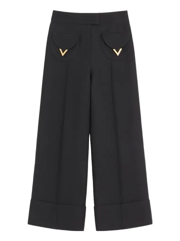 Valentino Garavani Wide Leg Trousers With Logo Plaque Detail - Black