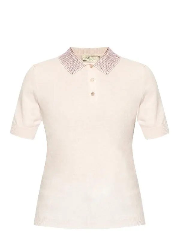 Blumarine Rhinestone Embellished Short Sleeve Polo Shirt - White