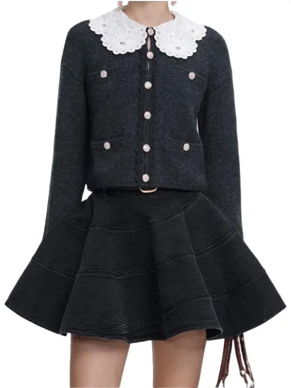 SELF-PORTRAIT Lace Collar Button Cardigan - Charcoal-grey
