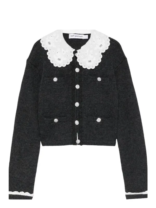 SELF-PORTRAIT Lace Collar Button Cardigan - Charcoal-grey