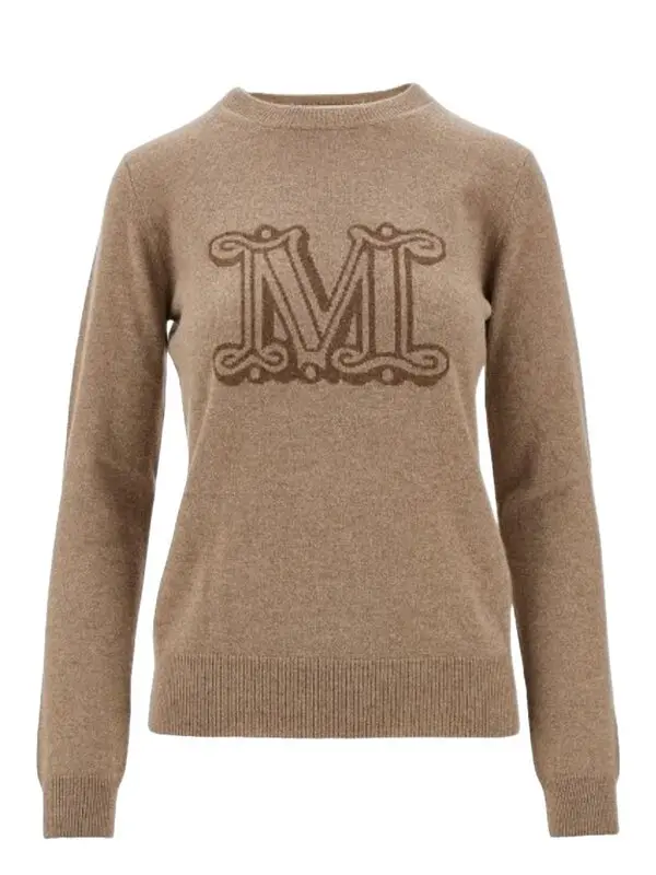 Max Mara Crewneck Long-sleeved Jumper With Front Logo Jacquard - Beige