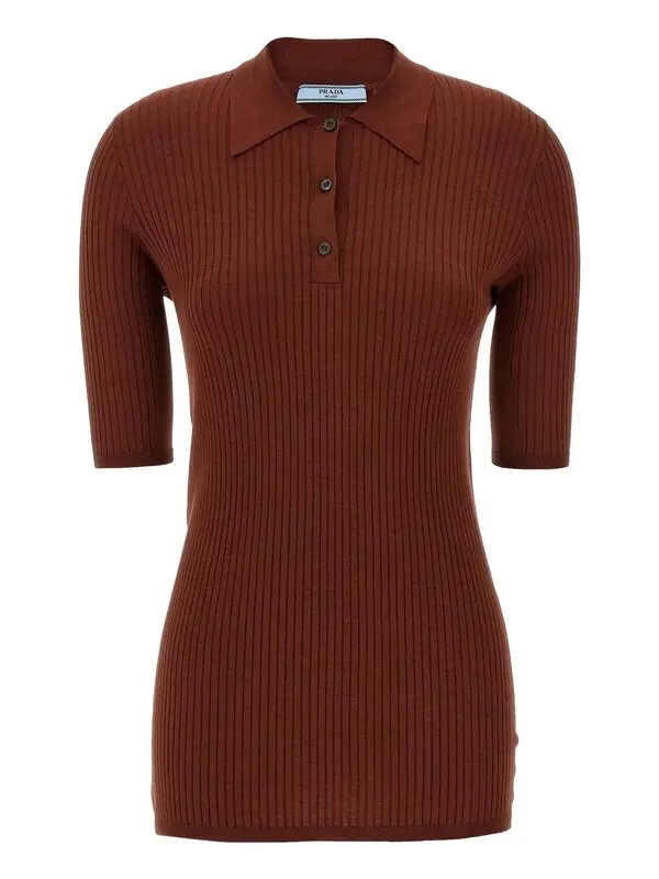 Prada Ribbed Knit Polo Sweater With 3/4 Sleeves - Brown