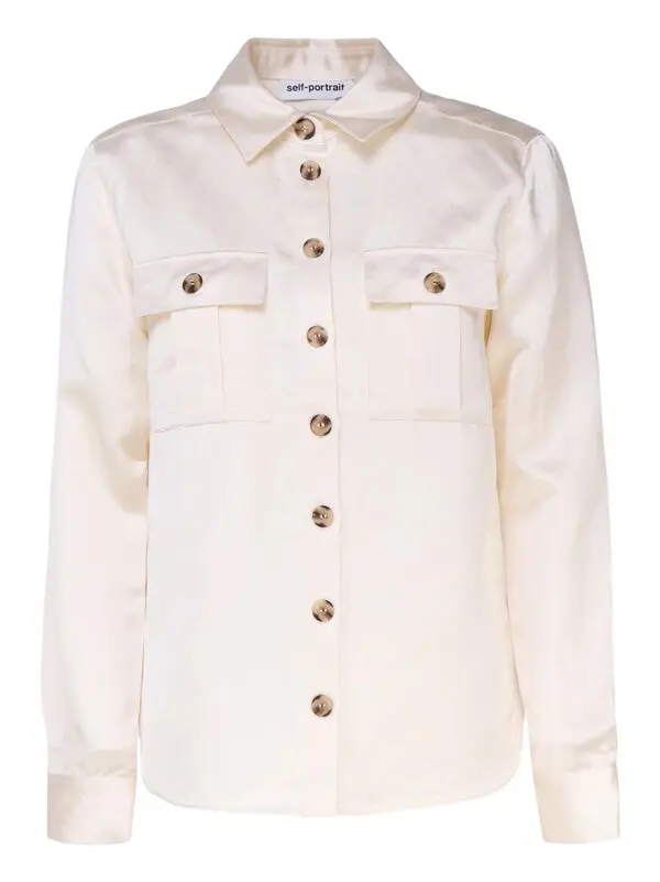 SELF-PORTRAIT Long Sleeve Satin Shirt - Cream