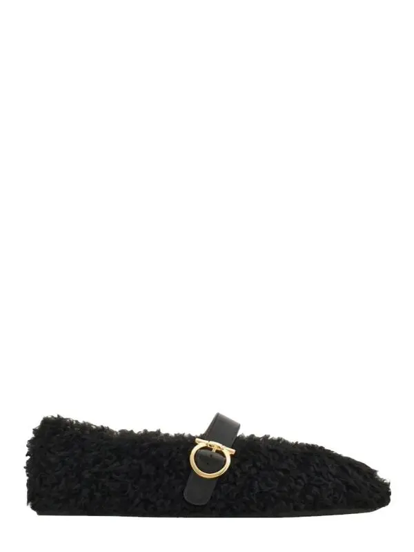 FERRAGAMO Shearling Ballet Flats With Gancio Buckle - Black