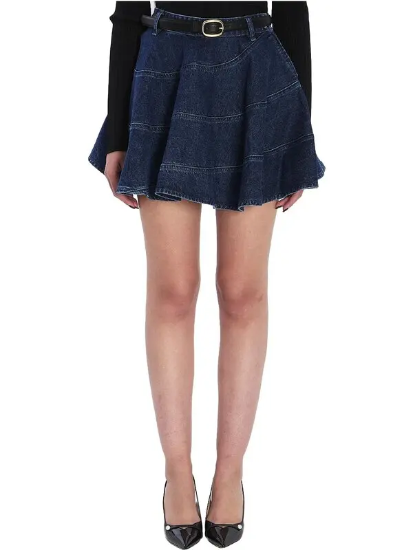 SELF-PORTRAIT Flared Denim Mini Skirt With Spiral Pattern - Blue