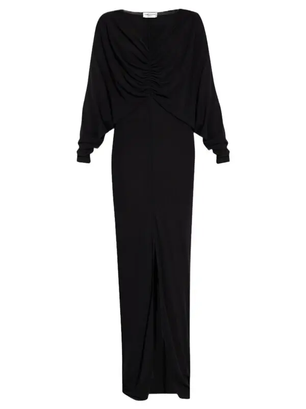 Saint Laurent Draped V-neck Long-sleeved Maxi Dress With Slit - Black