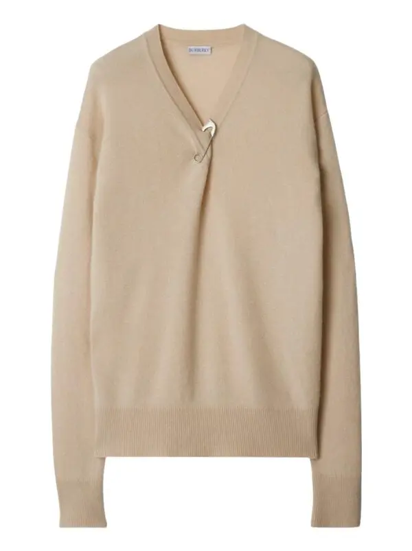 Burberry Bar Pin Fastened V-neck Knitted Jumper - Nutmeg