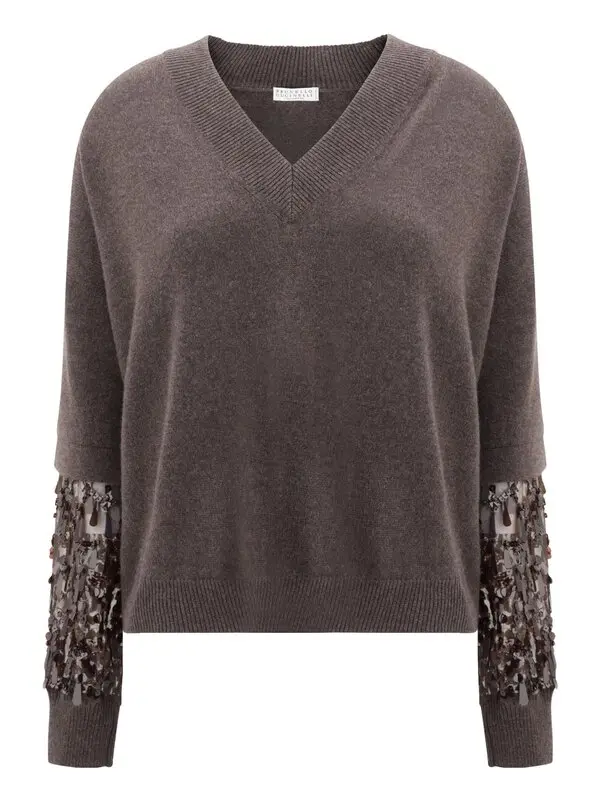 Brunello Cucinelli V-neck Sequin Embellished Sweater - Black