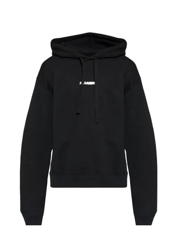 JIL SANDER Logo Printed Drawstring Hoodie - Black
