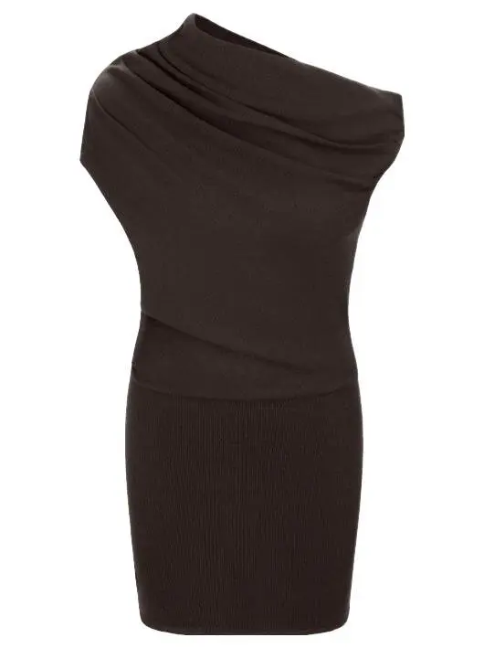 Staud Mable Mini Dress With Asymmetrical Off-the-shoulder Sleeves And Drape Detail - Earth Color
