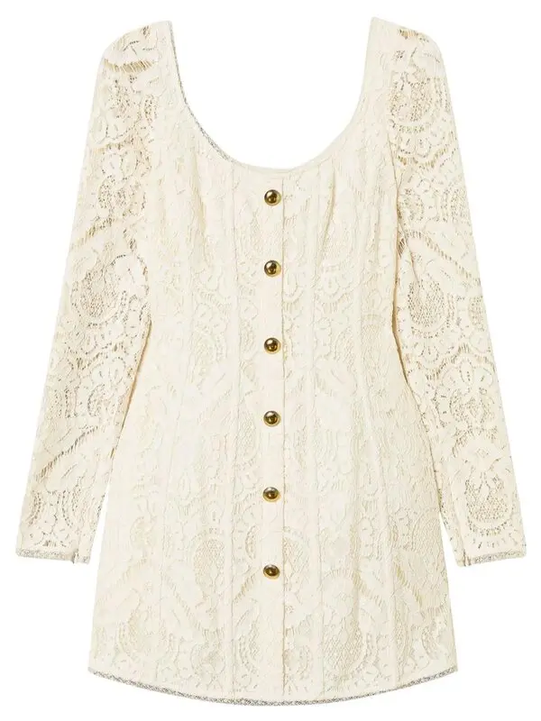 TWINSET Lace Mini Dress With Long Sleeves And Button Details - White