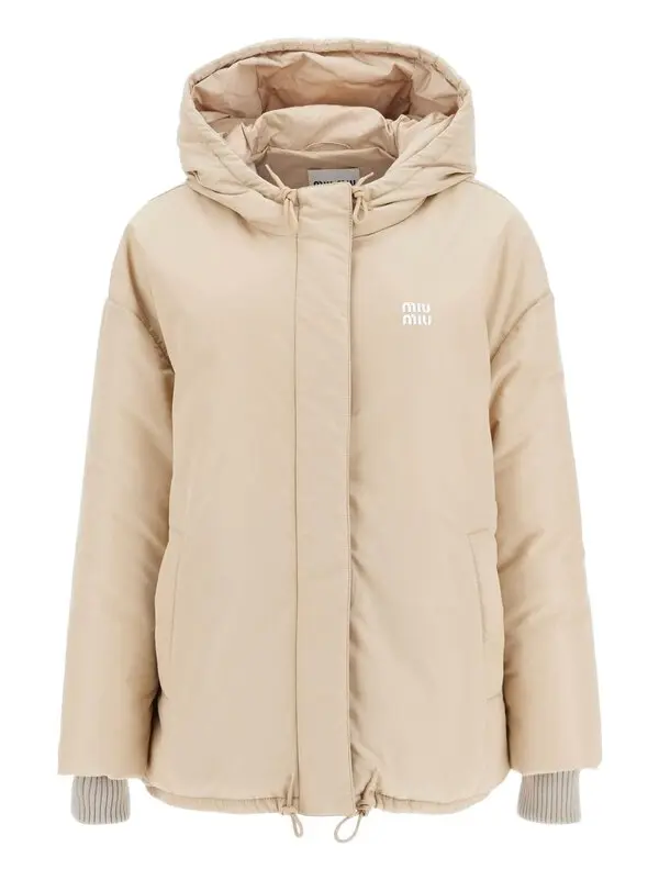 Miu Miu Drawstring Hooded Down Jacket - Beige