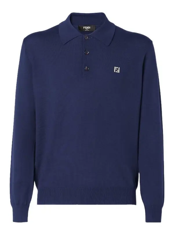 Fendi Ff Plaque Long Sleeved Polo Shirt - Blue